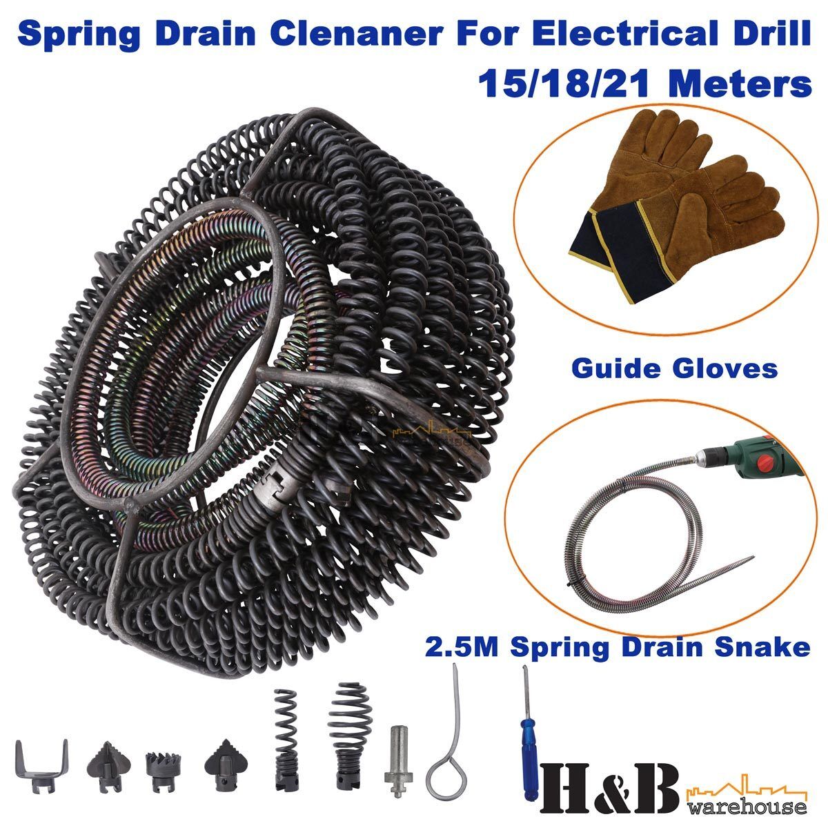21M+2.5M Plumber Drain Snake Pipe Cleaner Pipeline Sewer add 10 Drill ...