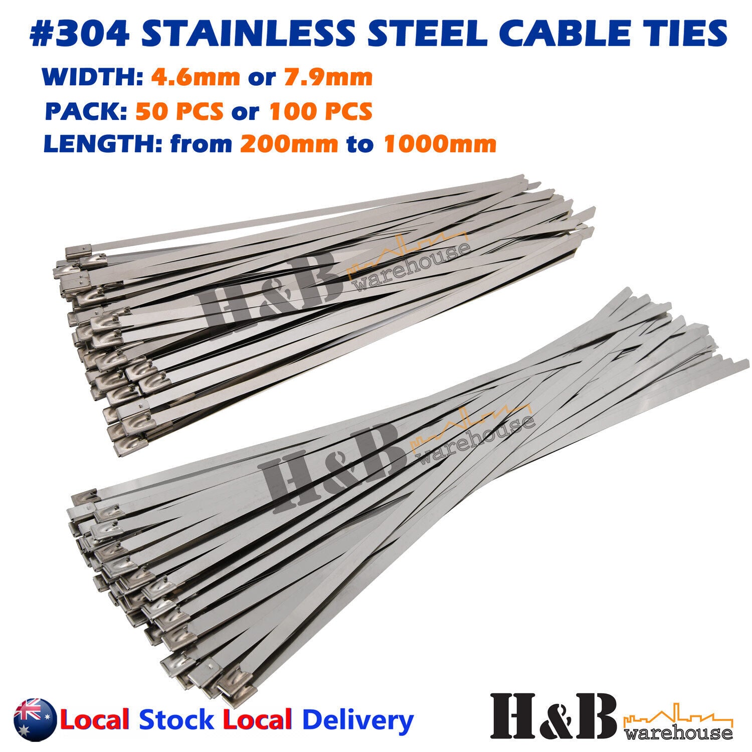 Marine Grade 304 Stainless Steel Cable Ties W: 4.6mm 7.9mm L: 200mm to ...