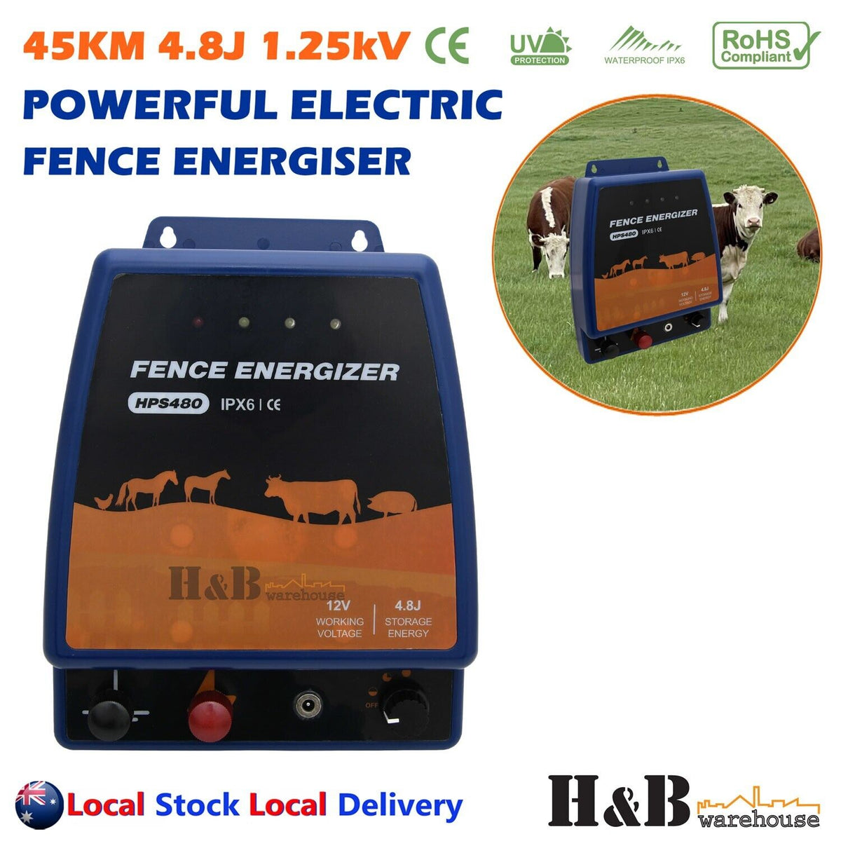 45KM 4.8J Electric Fence Energiser Energizer IPX6 12V Battery 220-240V ...