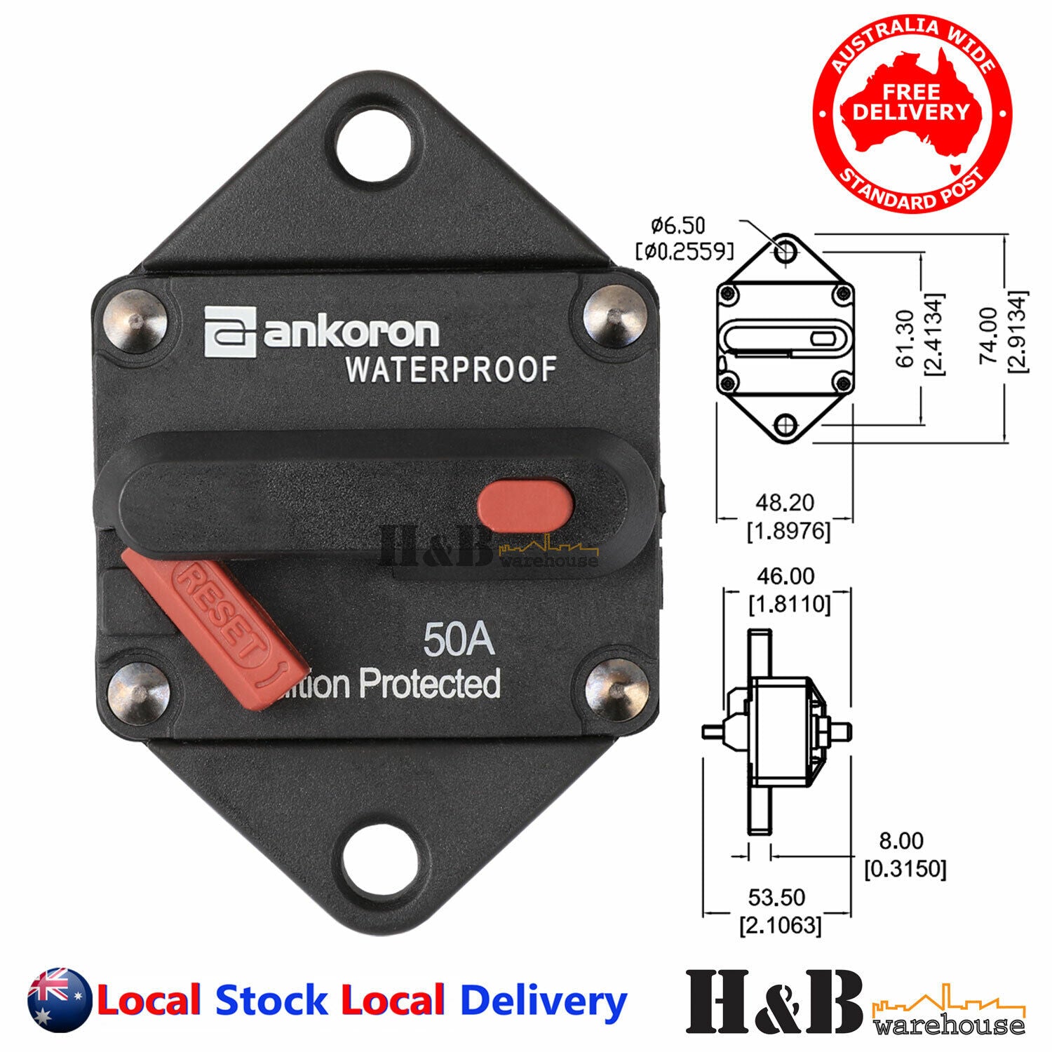 50A AMP Marine Circuit Breaker IP67 Waterproof 12V 24V Panel Mount Res ...