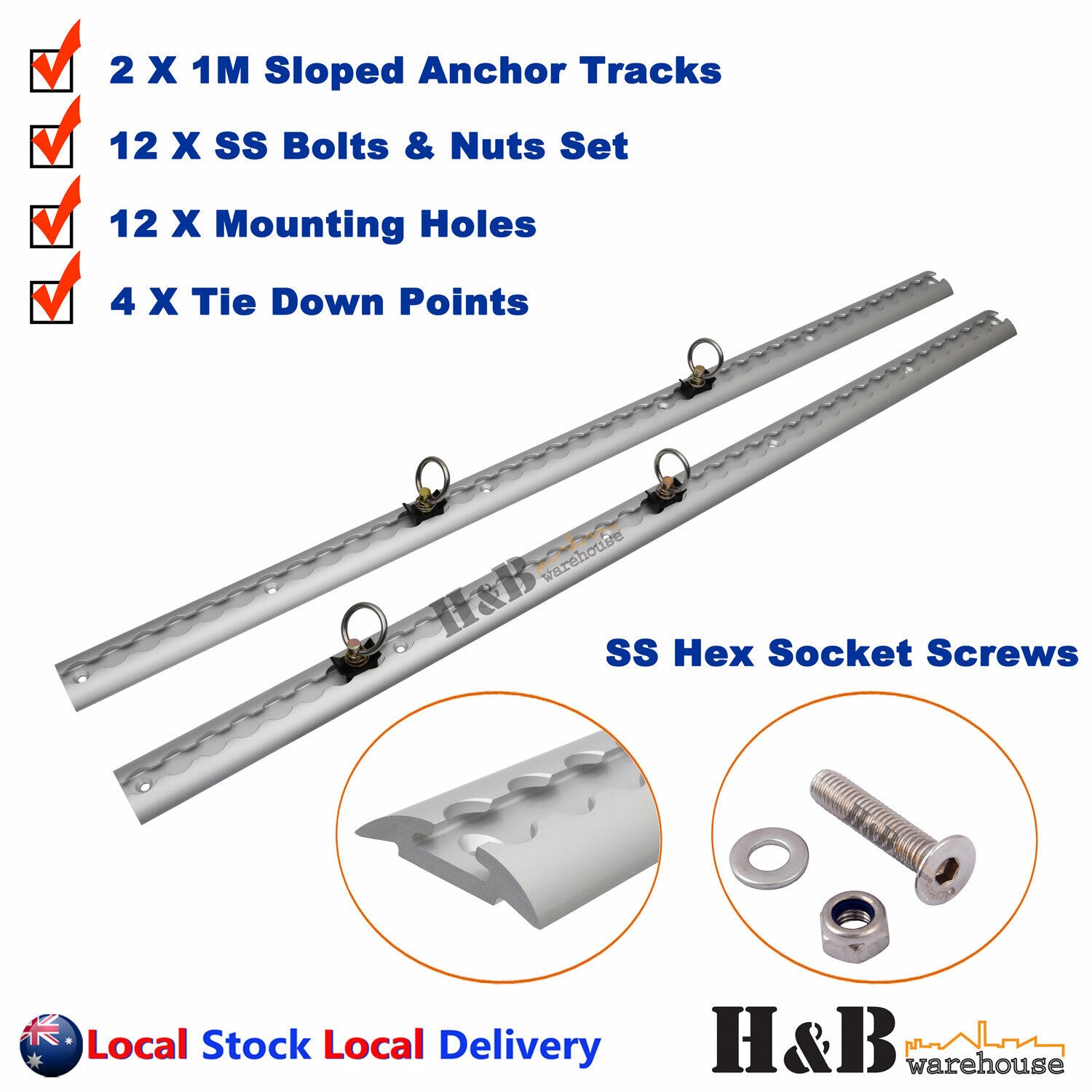 (2Tracks +4Rings) 1M Sloped Edges Anchor Track Tie Down Point Rail Tra ...