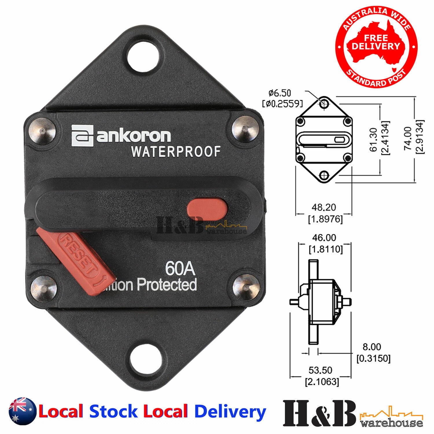 60A AMP Marine Circuit Breaker IP67 Waterproof 12V 24V Panel Mount Res ...